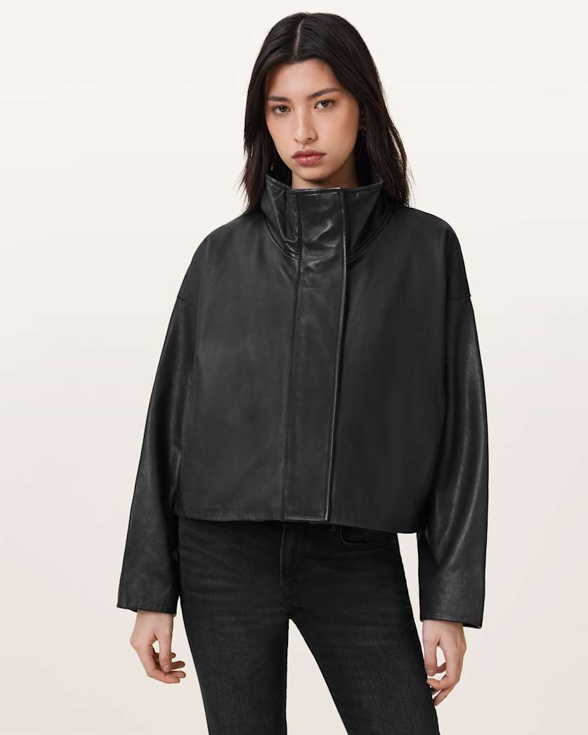 Ryder Funnel Neck Leather Jacket Black | ALLSAINTS